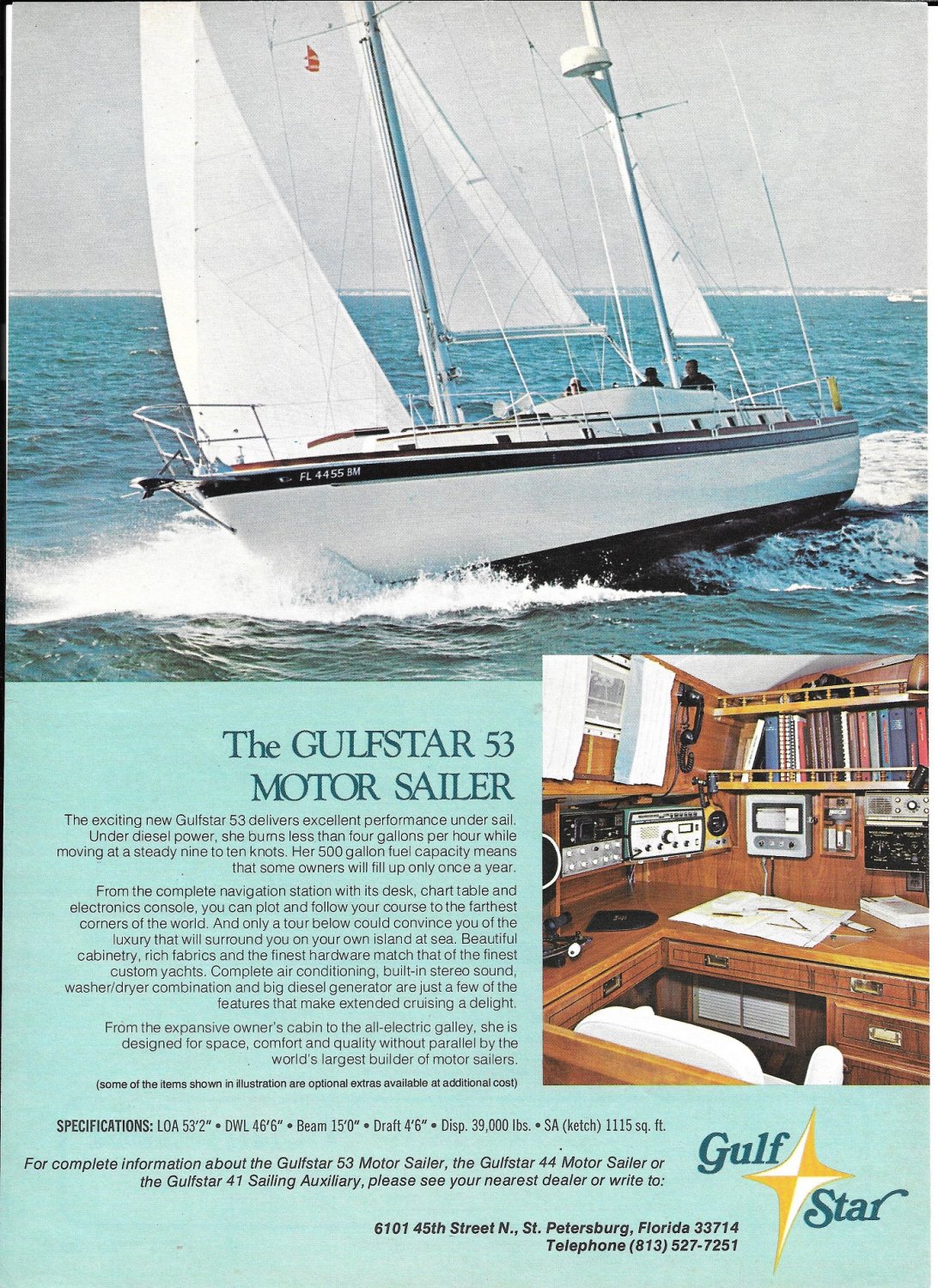 1974 Gulfstar 53' Motor Sailer Color Ad- Nice Photo