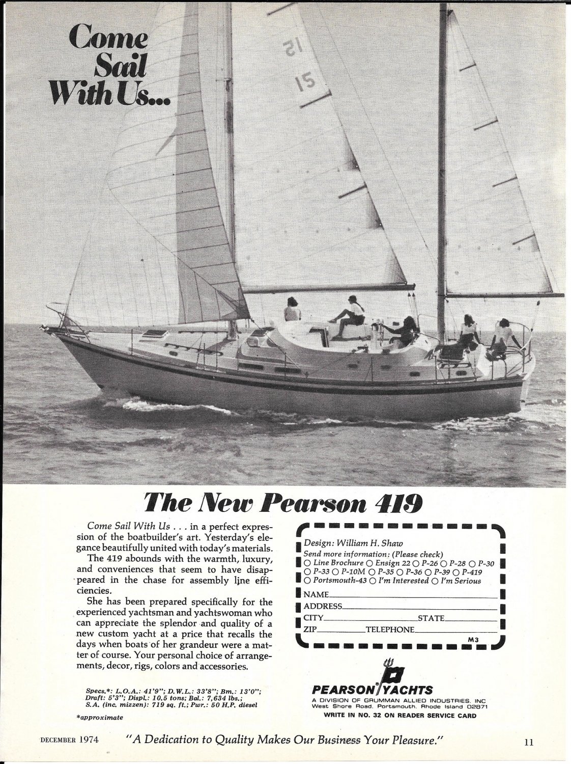 1974 Pearson 419 Yacht Ad- Great Photo