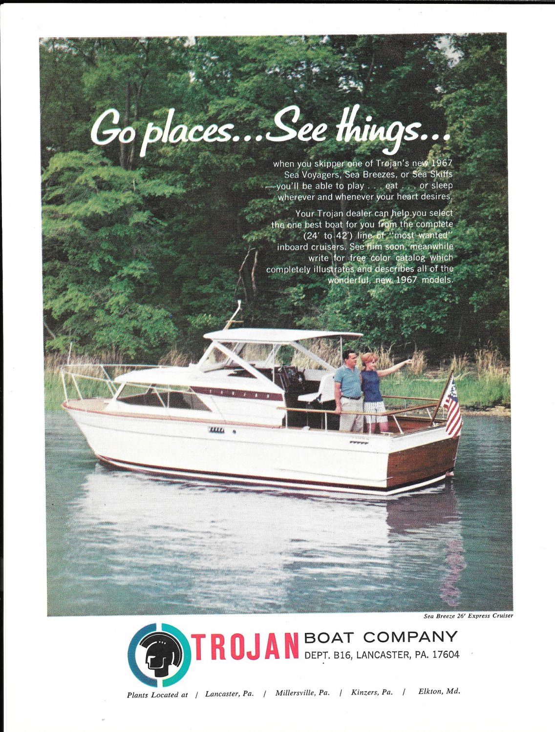 1966 Trojan Boat Company Color Ad- Nice Photo Sea Breeze 26 Express