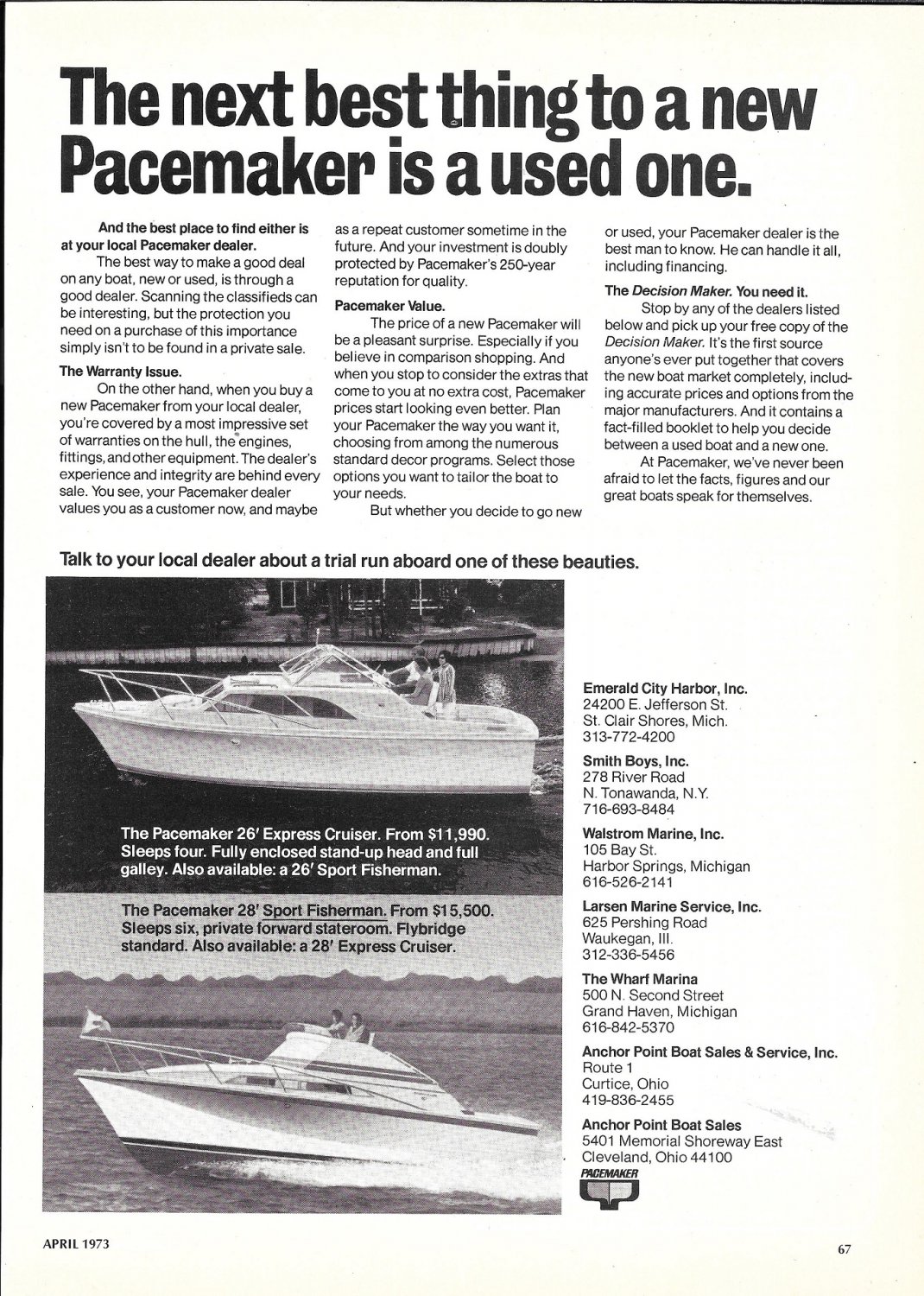 1973 Pacemaker Boats Ad- Photo of 26' & 28' Models