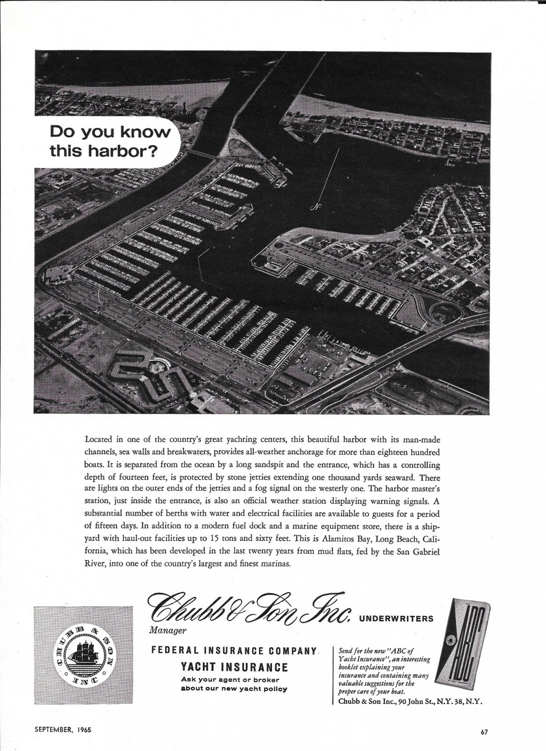 1965 Chubb Insurance Ad- Nice Photo Alamitos Bay, Long Beach, CA.