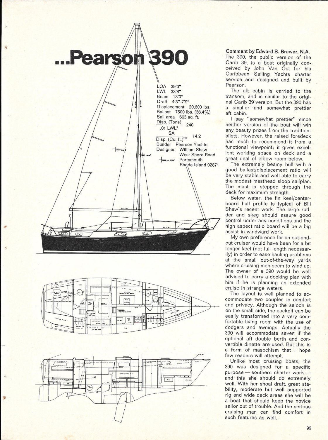1972 Pearson 390 Yacht Ad- Specs & Drawings