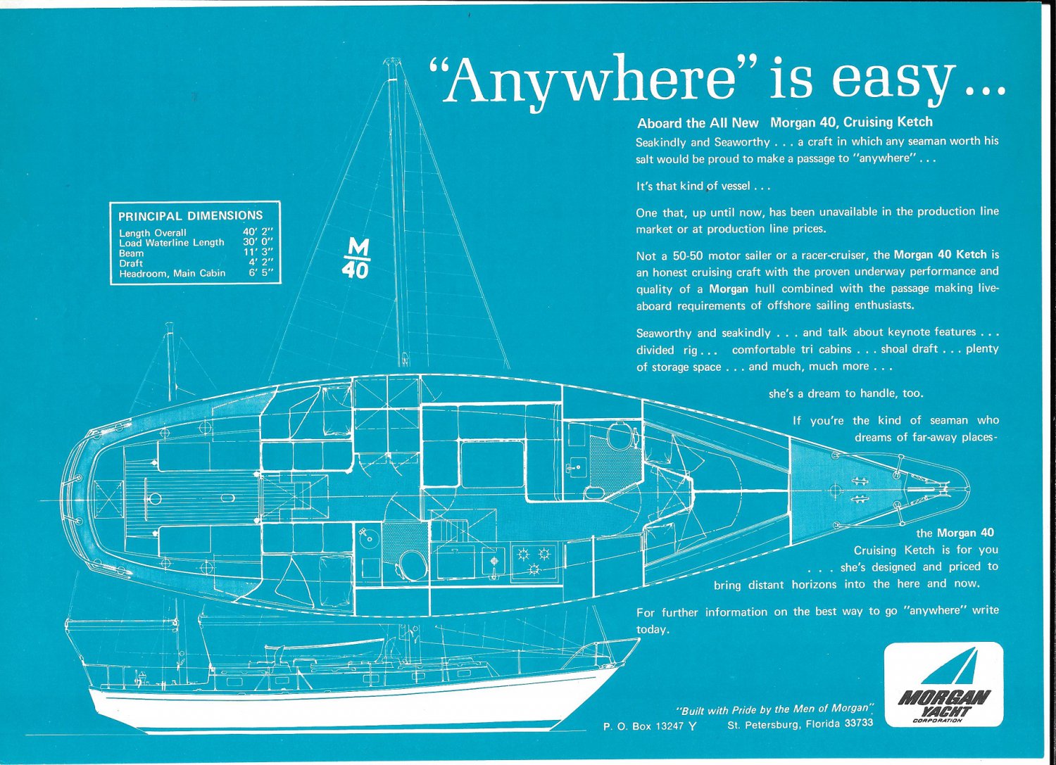 1969 Morgan 40 Cruising Ketch Yacht Ad- Specs & Drawing
