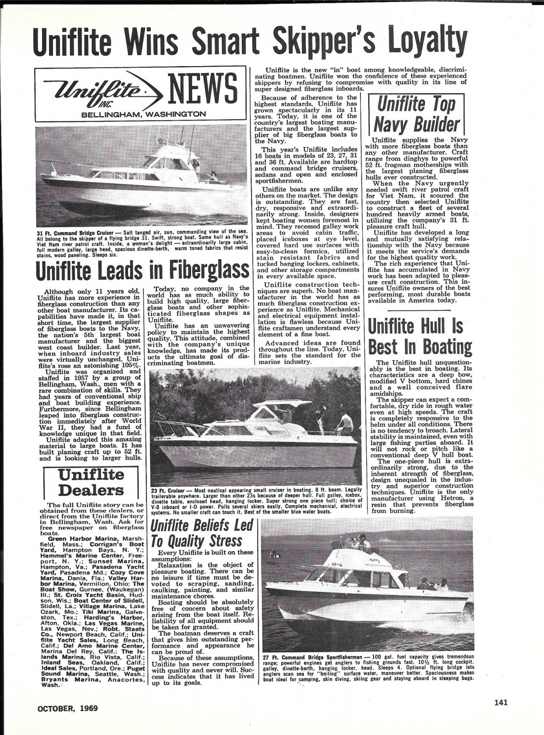 1969 Uniflite Boats Ad- Photos of 31'- 23' & 27' Models