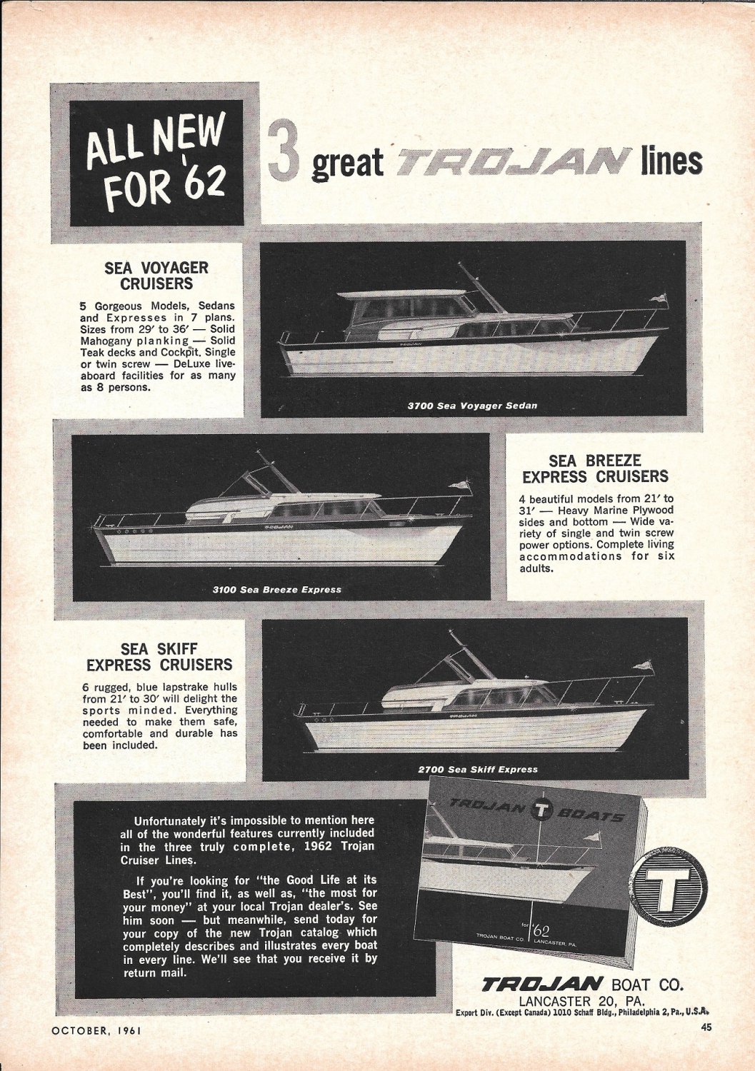 1962 Trojan Boat Co Ad- Drawings of 3 Models