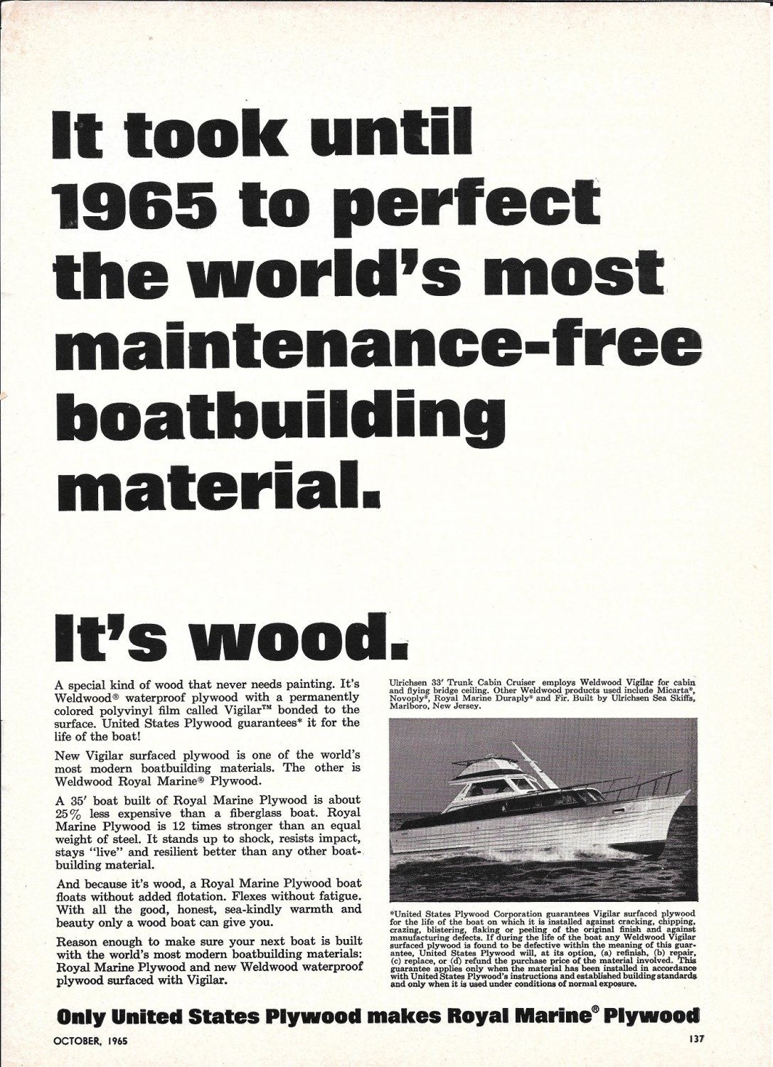 1965 United States Plywood Ad- Photo of Ulrichsen 33' Trunk Cabin Cruiser