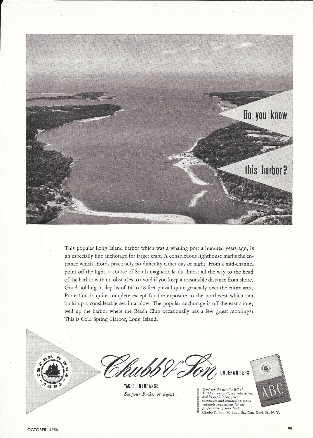 1956 Chubb Insurance Ad- Nice Photo Cold Spring Harbor, Long Island