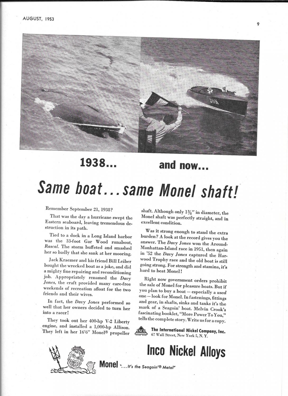 1953 International Nickel Ad- Nice Photo Gar Wood 33' Boat "Rascal"