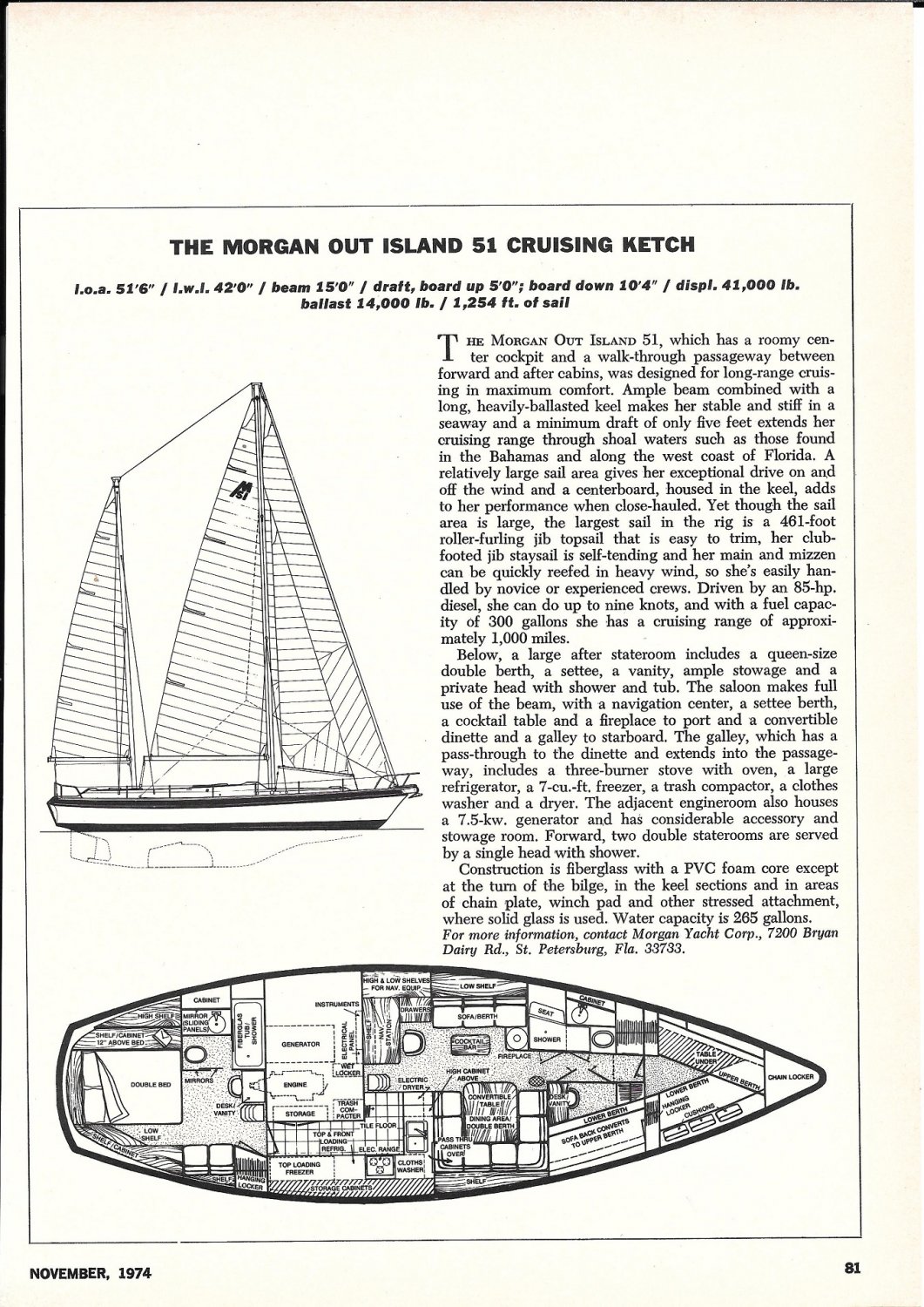 1974 Morgan 51 & Roger FD 35 Motorsailer 2 Page Double Ad- Boat Specs ...