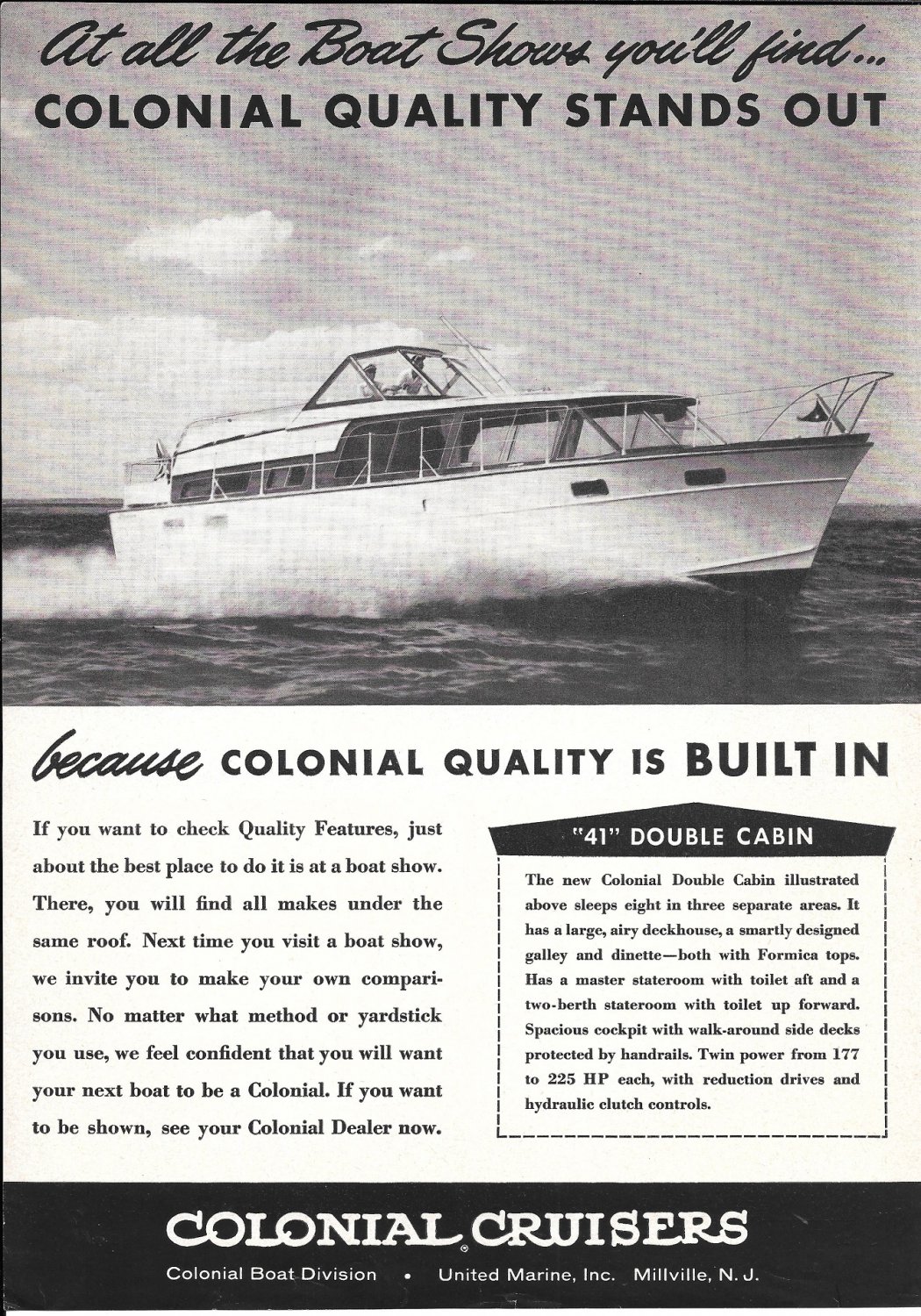 1960 Colonial 41' Double Cabin Cruiser Boat Ad- Nice Photo