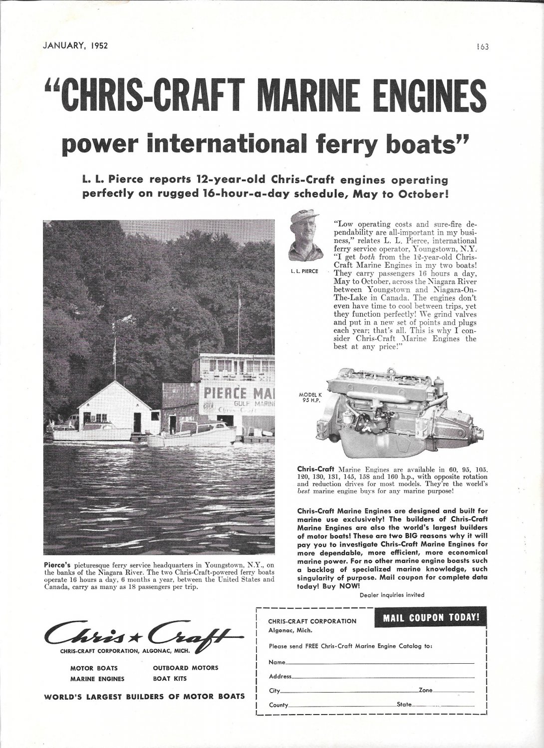 1952 Chris- Craft Marine Engines Ad- Photo Model K 95 HP- L L Pierce