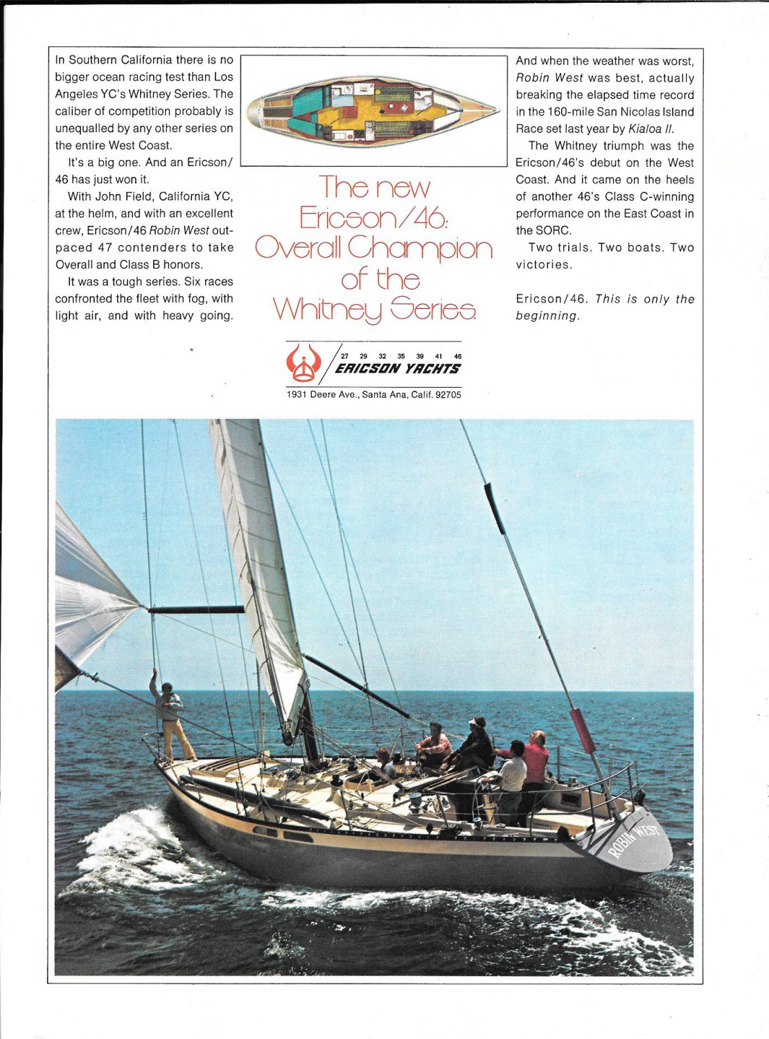 1972 Ericson 46 Sailboat Color Ad- Nice Photo