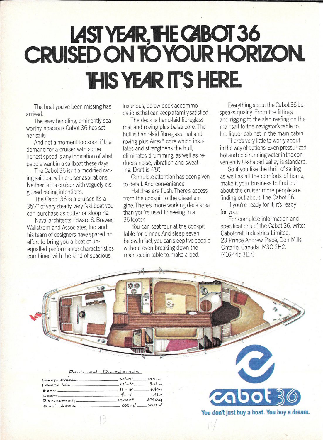 1975 Pearson 365 & Cabot 36 Sailboats 2 Page Double Ad- Photos & Boat Specs