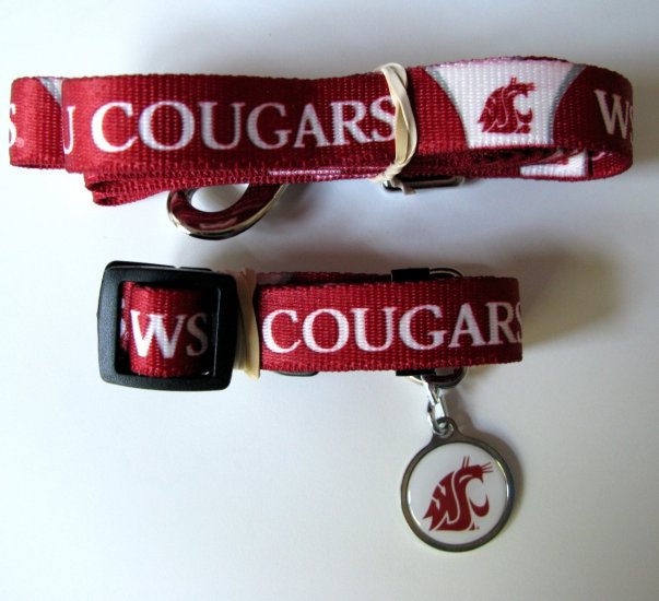 Washington State University Cougars Pet Dog Set Leash Collar ID Tag Large