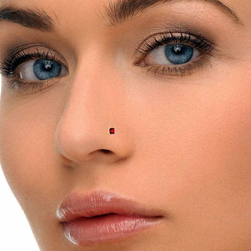 3.40mm Princess Cut Real Ruby 14k Solid Gold Wedding Nose Piercing Stud Pin