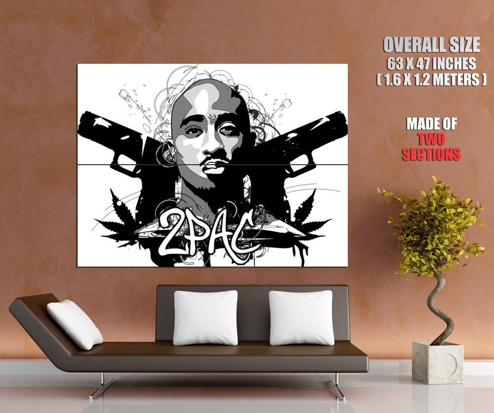 2Pac BW Art Guns Tupac Shakur Tattoos Hip Hop Rap GIANT Huge Print Poster