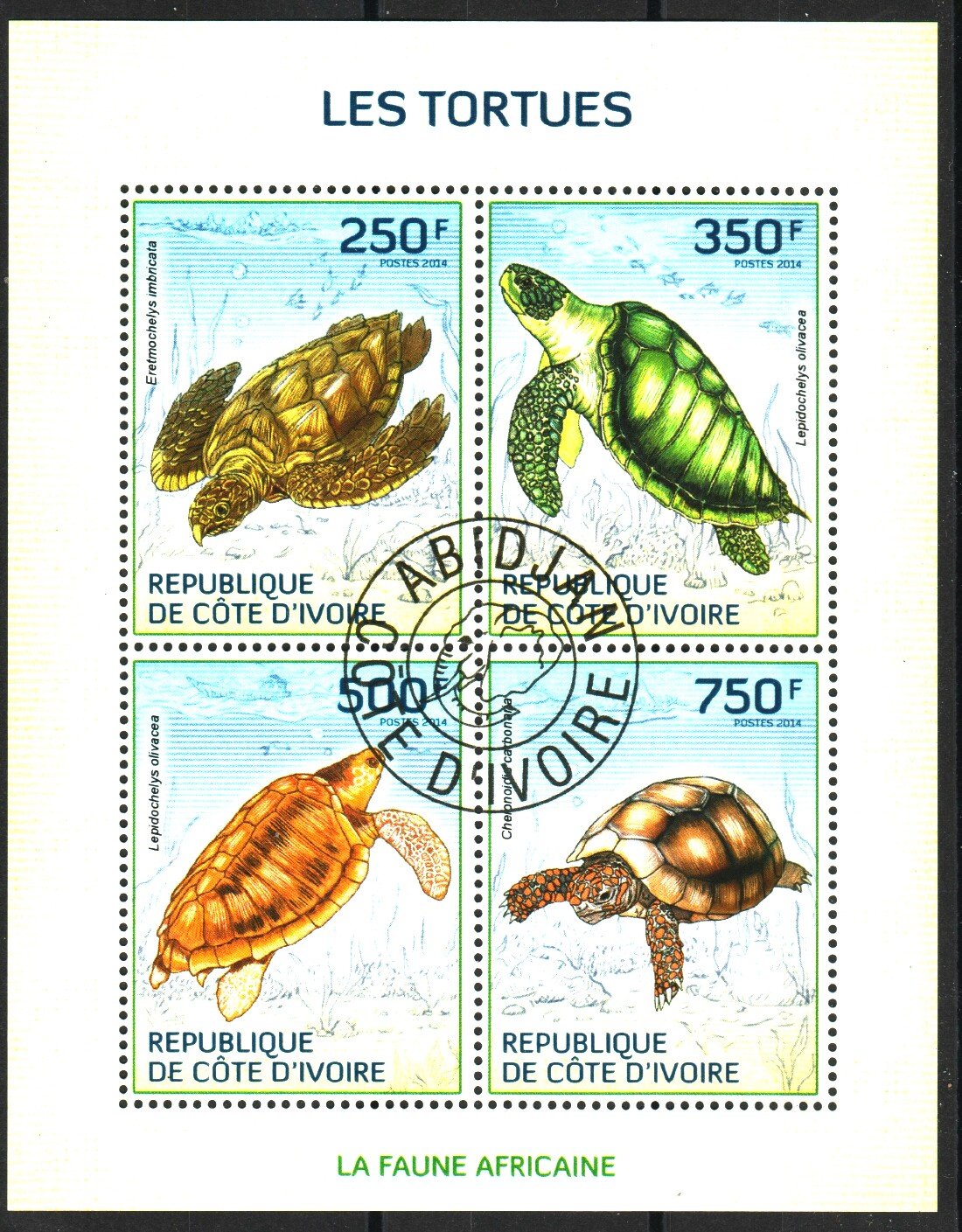 Turtles mini sheet of 4 stamps CTO 2014 Ivory Coast
