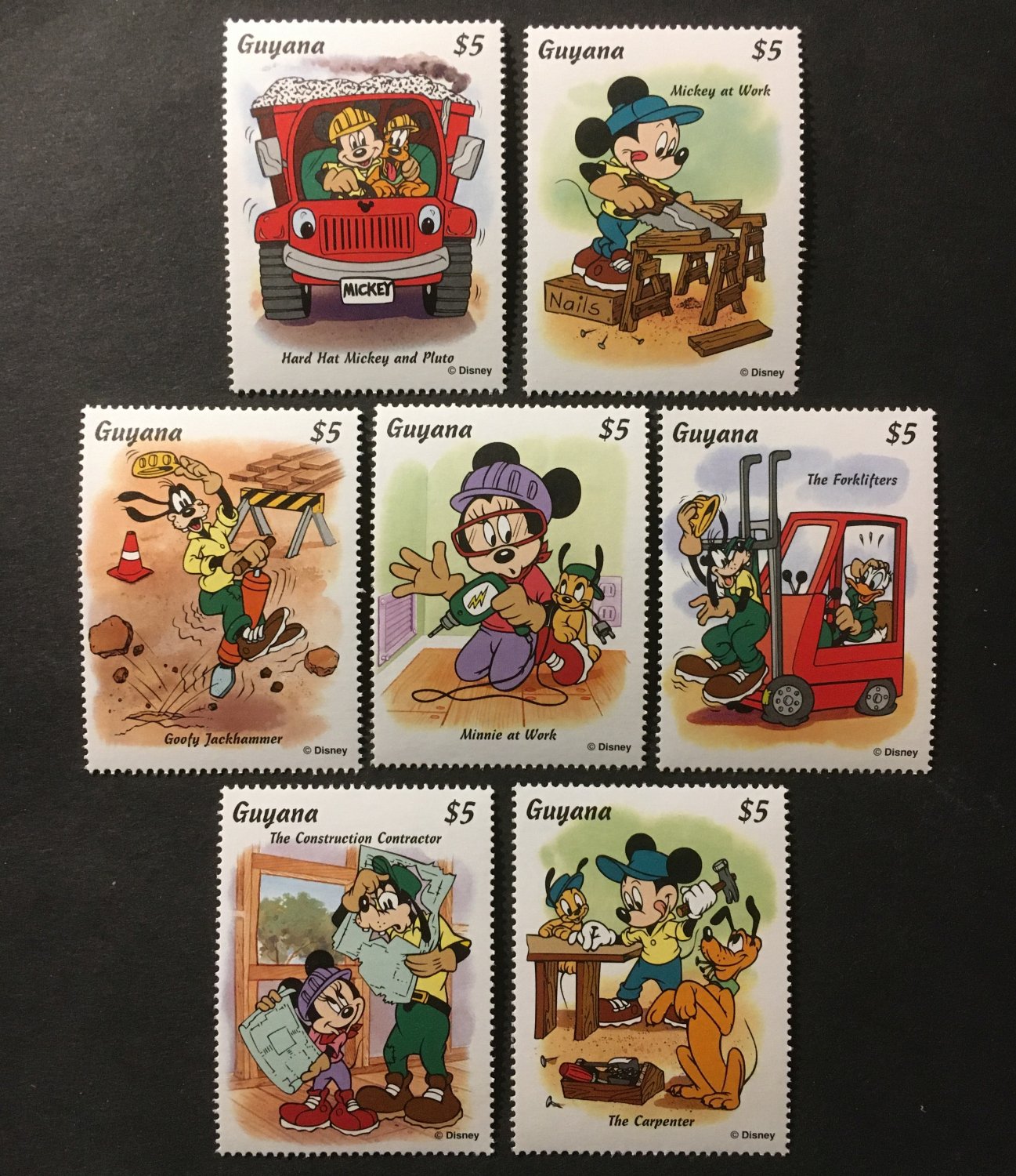 Disney Hard Hat Mickey Donald Goofy Pluto MNH Set 7 Stamps 1996 Guyana