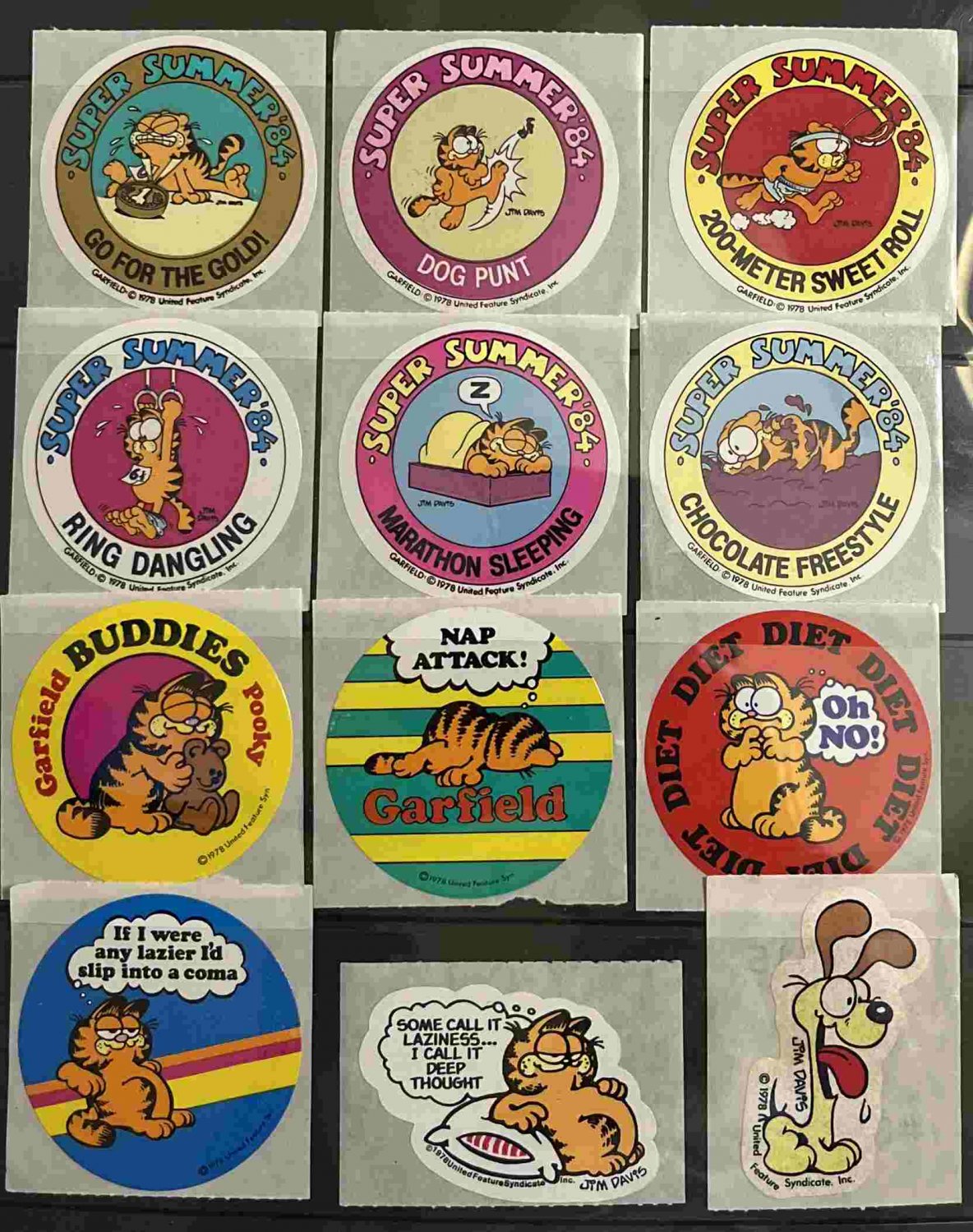 12 Garfield 1978 Vintage Stickers Odie Pooky Nap Attack
