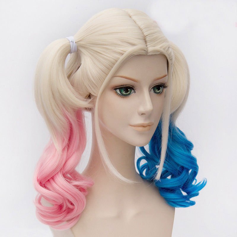 Harley Quinn Harleen Quinzel Cosplay Hair Pink Blue Curly Costume Full ...