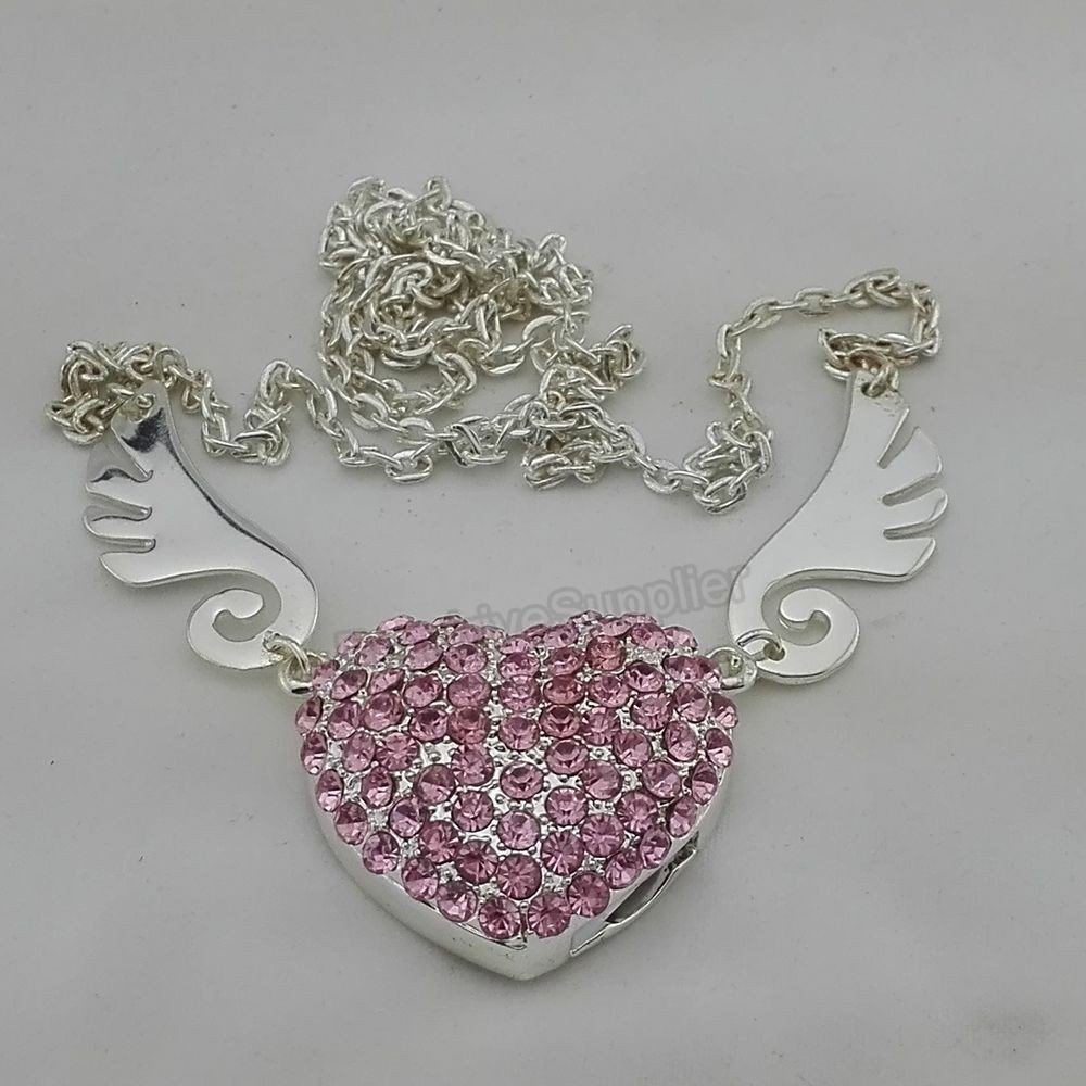 16GB Pink Pendrive Metal Angel Heart Necklace Crystal USB Flash drive ...