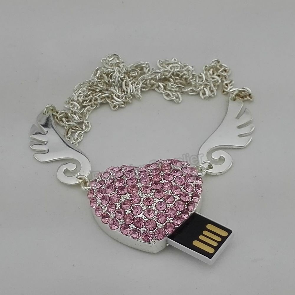 16GB Pink Pendrive Metal Angel Heart Necklace Crystal USB Flash drive ...