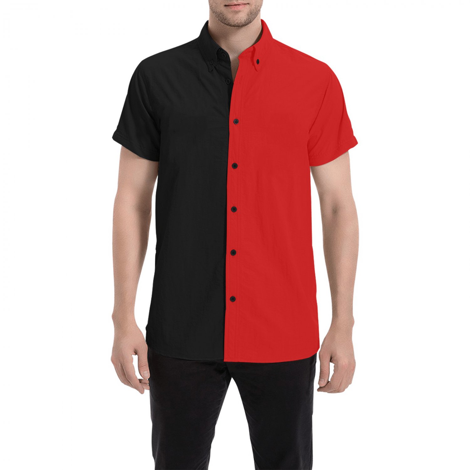 Men's Two Tone Colors Black Red Short Sleeve Button Down Shirt (Size S-5XL)