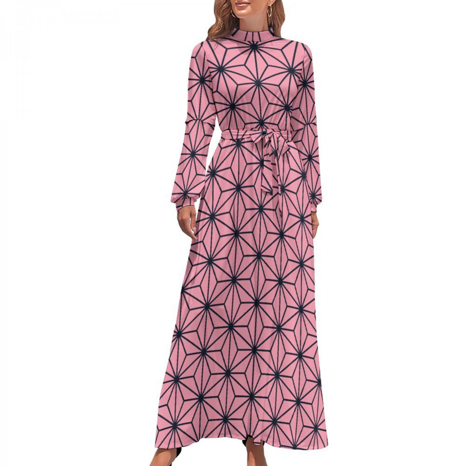 Woman Pink Asanoha Japanese Pattern Long Sleeve High Neck Long Dress ...