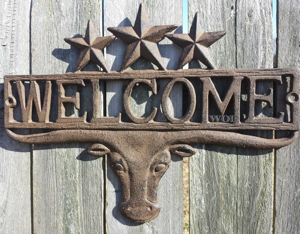 Distressed Longhorn Bull Head Welcome Sign Metal Sculpture Barn Fence ...