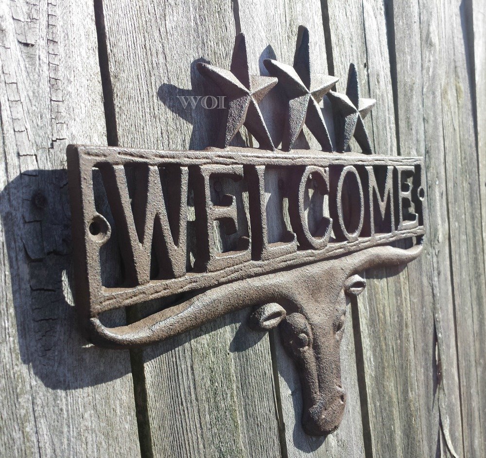 Distressed Longhorn Bull Head Welcome Sign Metal Sculpture Barn Fence ...