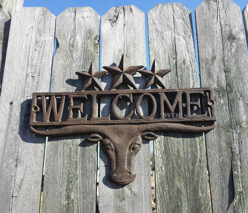 Distressed Longhorn Bull Head Welcome Sign Metal Sculpture Barn Fence ...