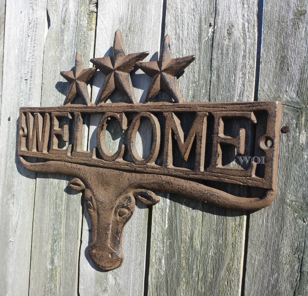 Distressed Longhorn Bull Head Welcome Sign Metal Sculpture Barn Fence ...