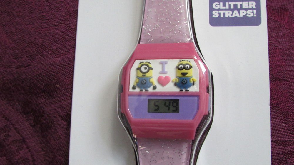 NEW~Despicable Me Minions Pink Glitter Strap LCD Watch w/3D Molded Face