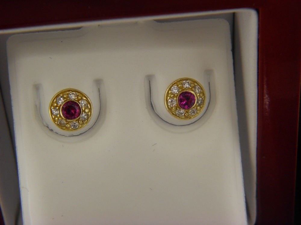 14K YELLOW GOLD ROUND RUBY BABY GIRL STUD EARRINGS .#49.