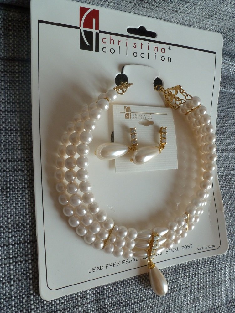 Christina Collection Three Strand Pearl Necklace and Dangling Earring ...