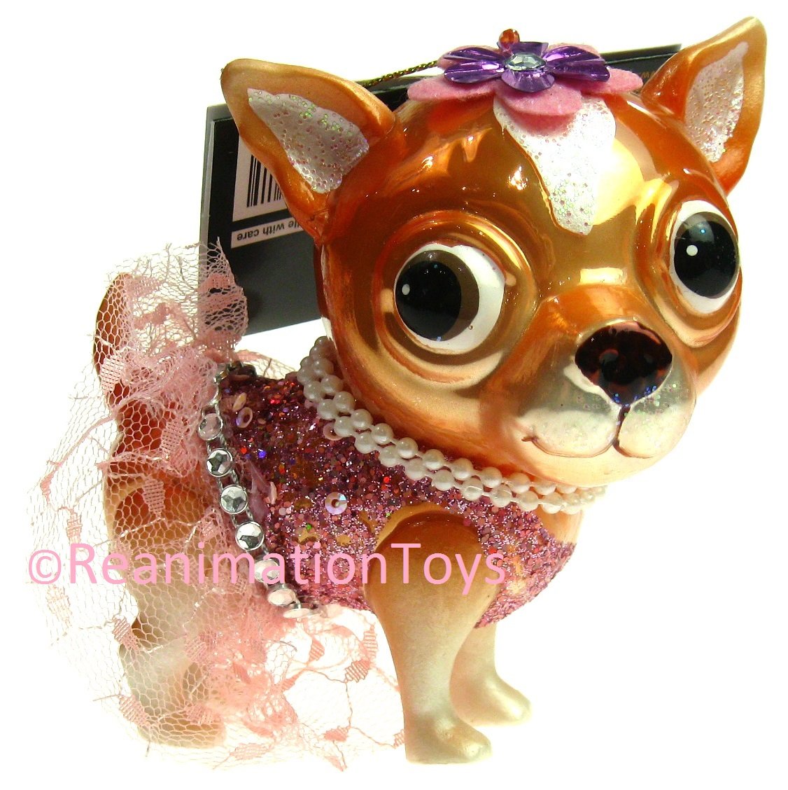 Robert Stanley Blown Glass Retro Gold Chihuahua Dog in Pink Tutu Ornament New