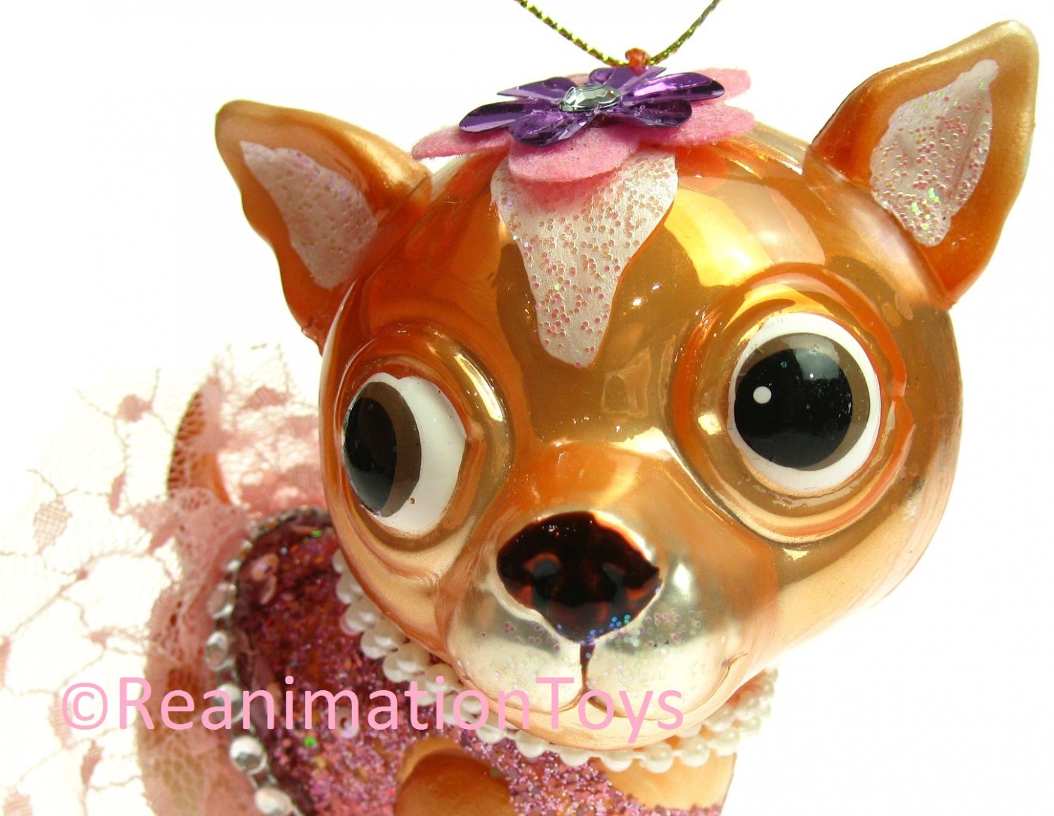 Robert Stanley Blown Glass Retro Gold Chihuahua Dog in Pink Tutu Ornament New