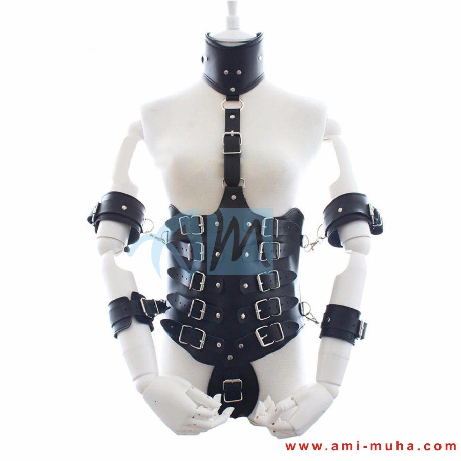 Bondage Black Leather Body Restraint Harness With Collar And Cuffs