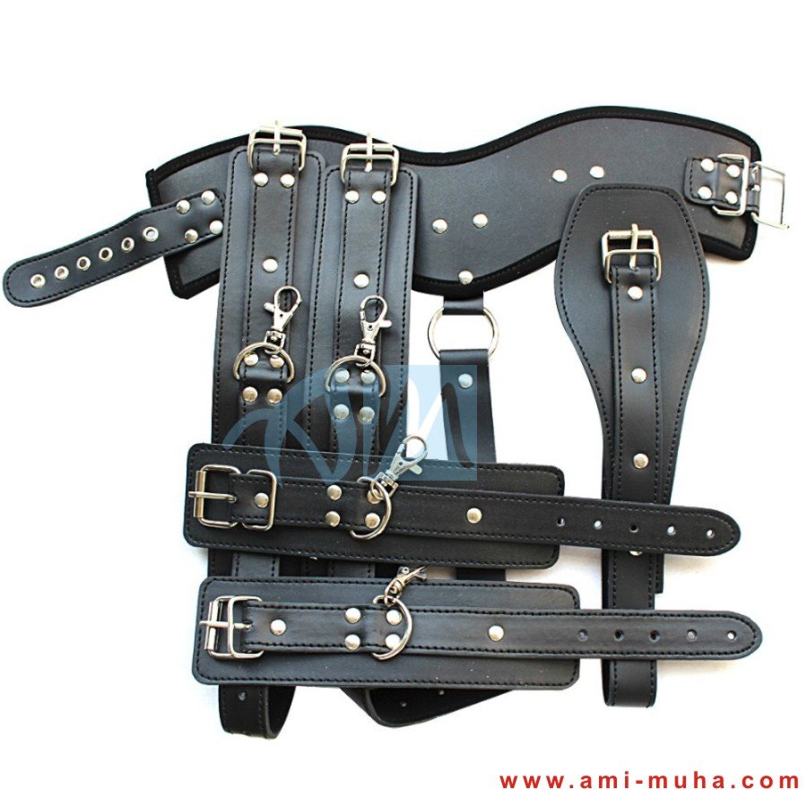 Bondage Black Leather Body Restraint Harness With Collar And Cuffs