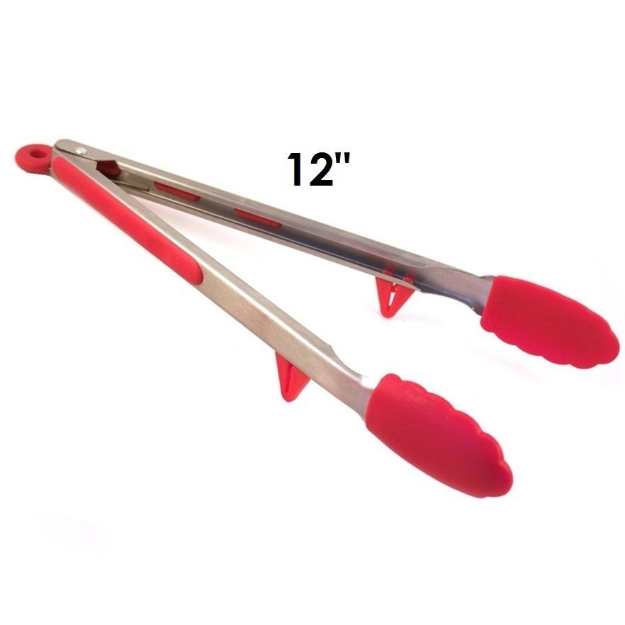 12" Stainless Steel and Silicone Cooking Tongs with Stand