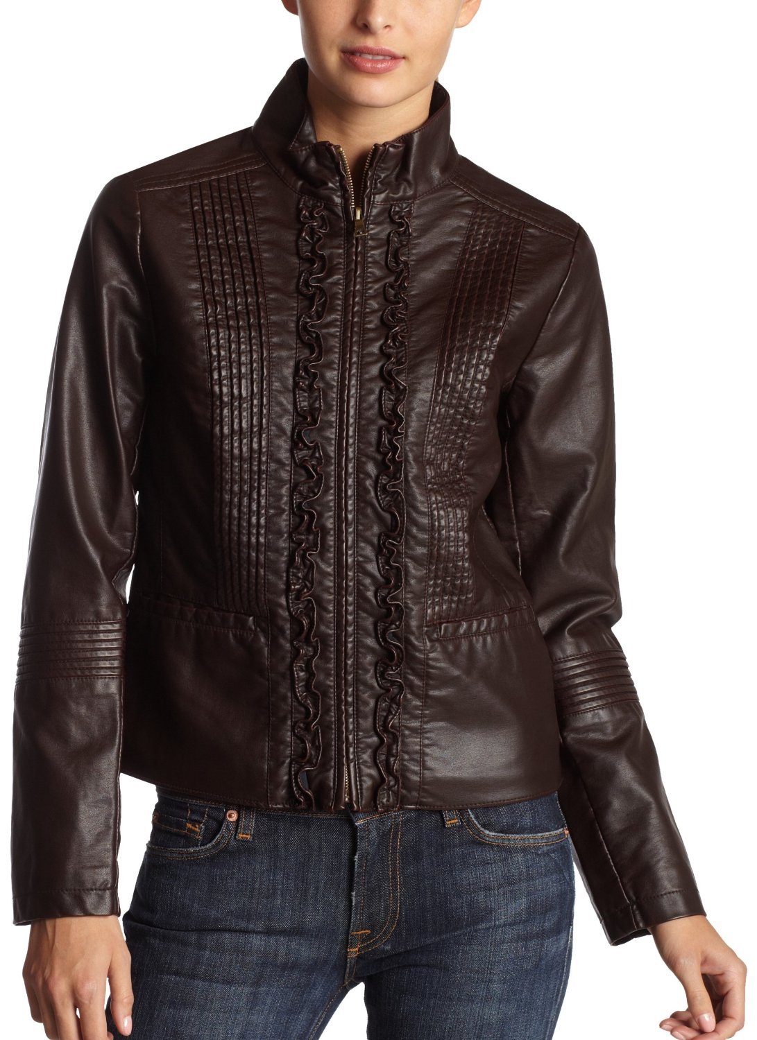 Big Chill Womens Dark Brown Plum Ruffle Faux Leather Jacket Medium NEW