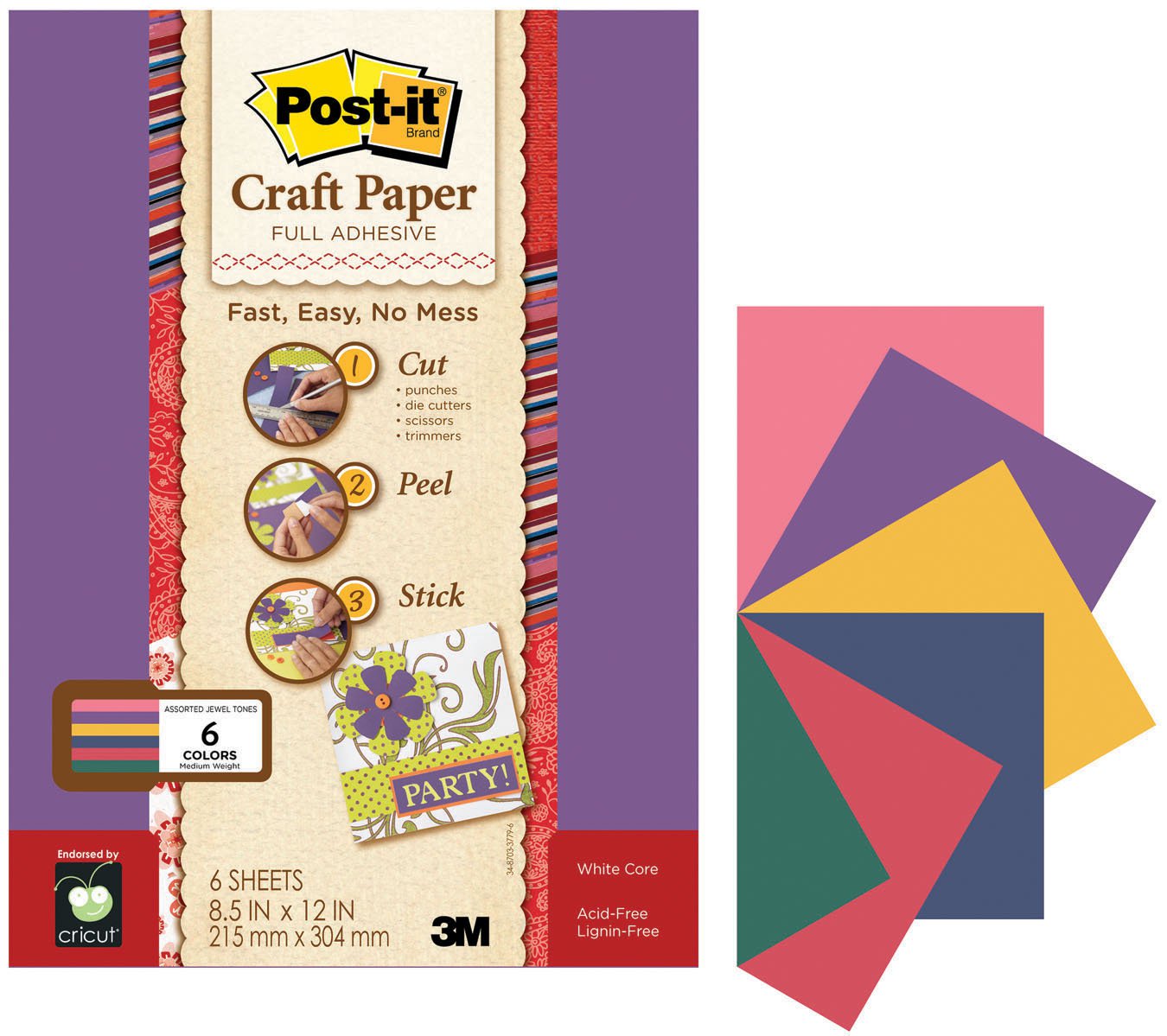 Post It Craft Paper Full Adhesive 6 Colors Jewel Tones NEW