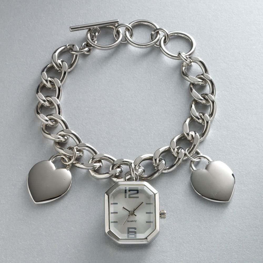 Womens SilverTone Heart Charm Watch Bangle Style NEW Gift