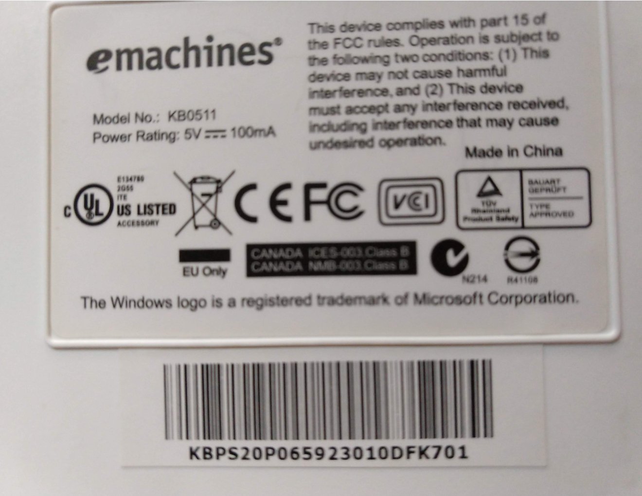 New Emachines KB0511 English US 104-Key PS/2 Slim Wired Desktop Keyboard