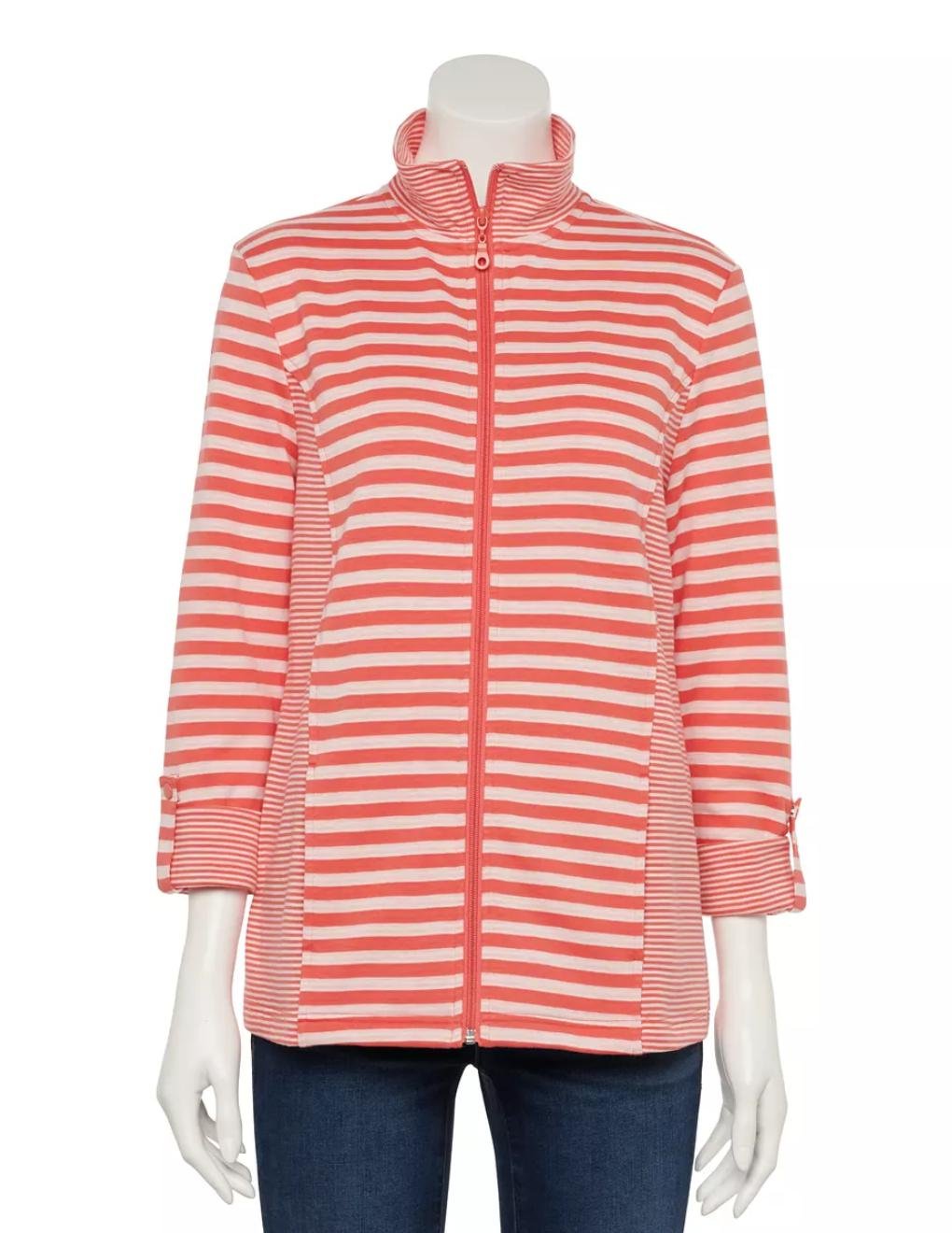 Womens Croft & Barrow Mixed Stripe Zip-Front Jacket Coral/White Small NEW