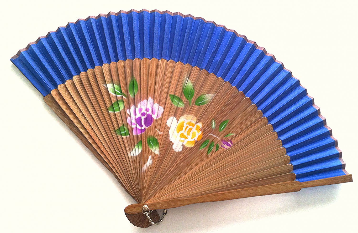 Bamboo and Silk Hand-fan 201058 Royal Blue with Peony Flowers Design