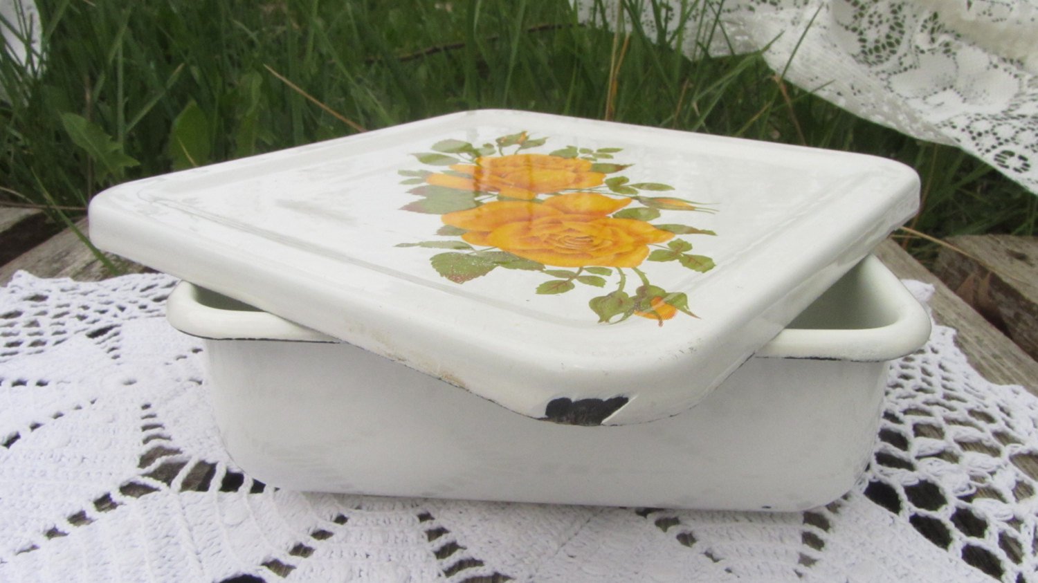 Dish Enamel Square, Vintage Floral Baking Pan, Farmhouse Decor Dish ...