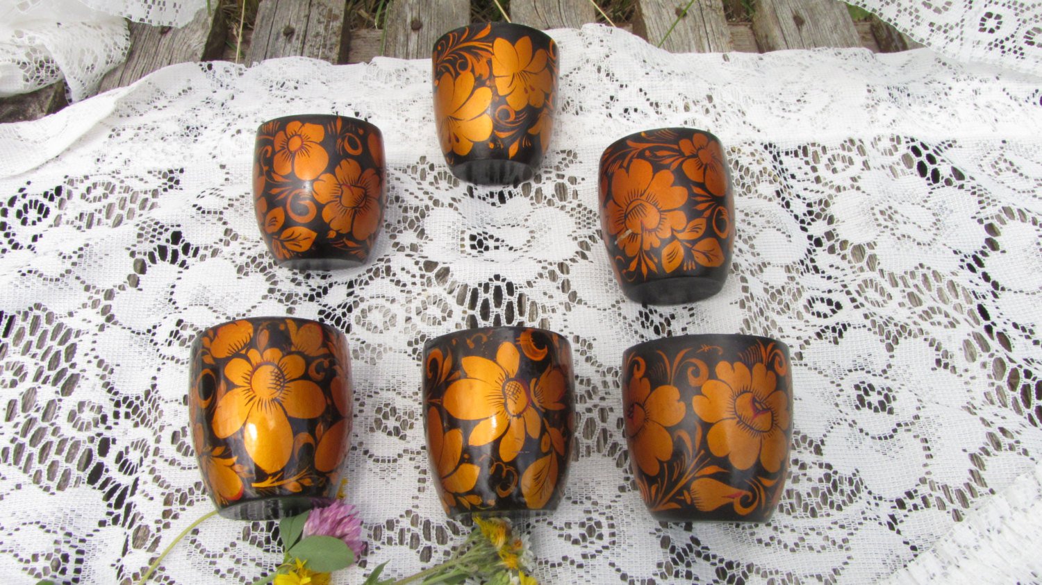 Six Medium Cups Set Vintage USSR, 6 Wooden Mugs Khokhloma, Colorful ...