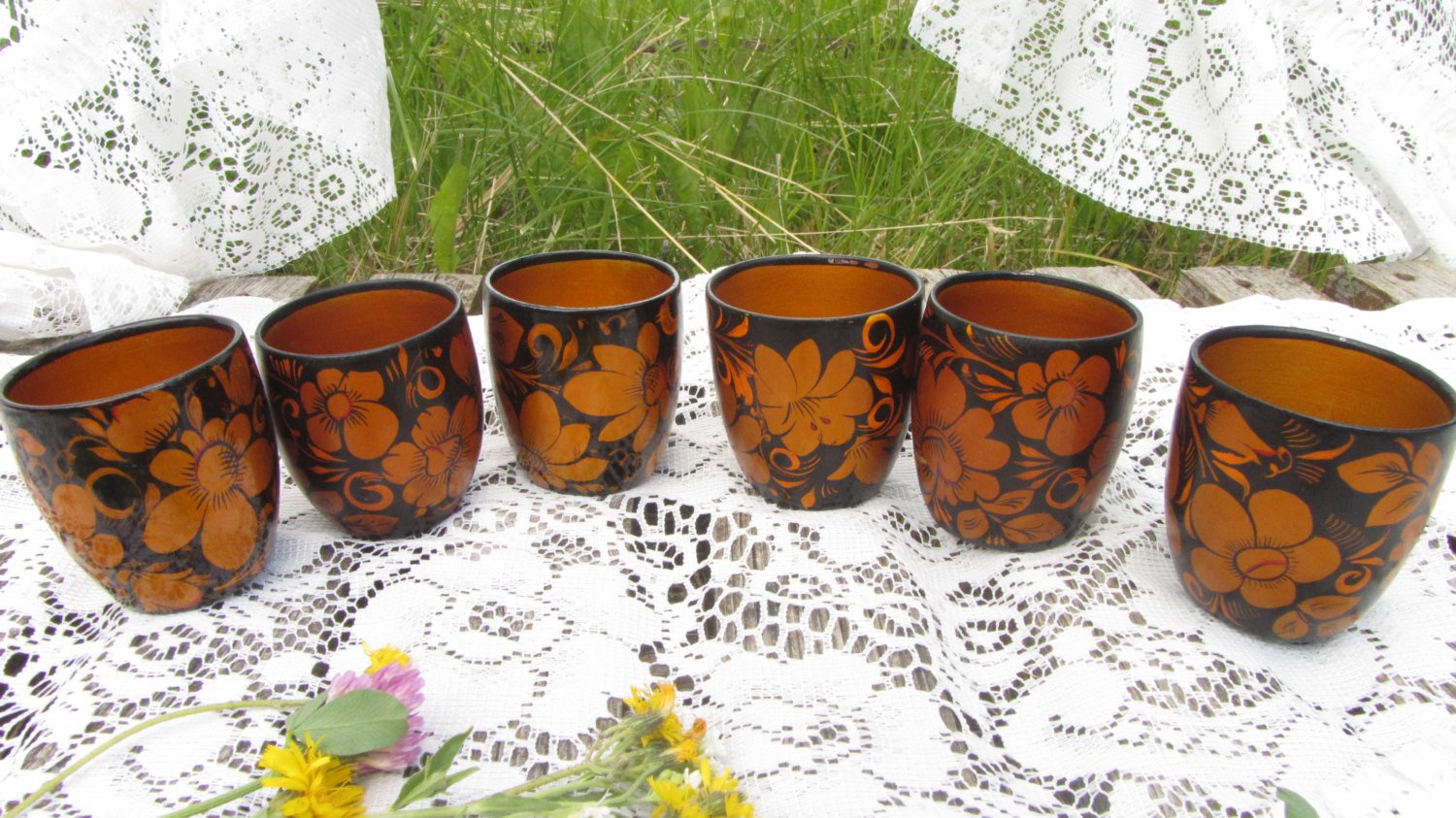 Six Medium Cups Set Vintage USSR, 6 Wooden Mugs Khokhloma, Colorful ...