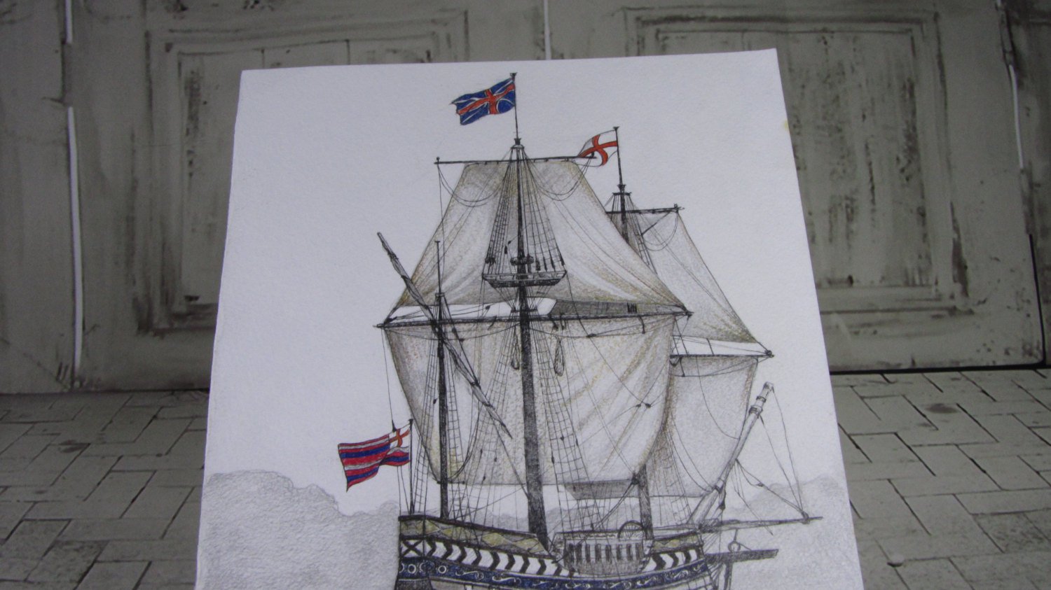 Colored Pen And Pencil Britain Battle Ship In The Sea Drawing, A4 ...
